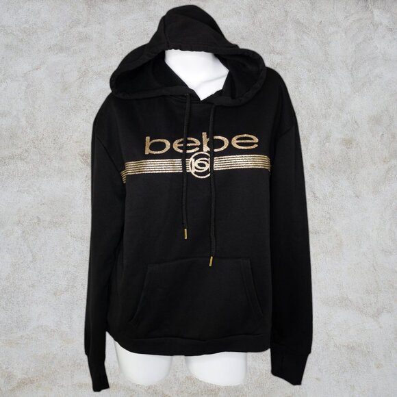 bebe | Tops | Bebe Black And Gold Womens Logo Hoodie With Drawstring ...